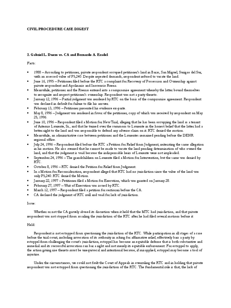 Civil Procedure Case Digest | PDF | Estoppel | Civil Law (Common Law)