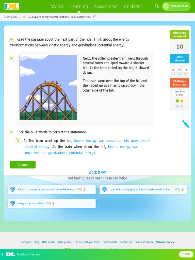 IXL Explore Energy Transformations Roller Coaster Ride 6th Grade ...