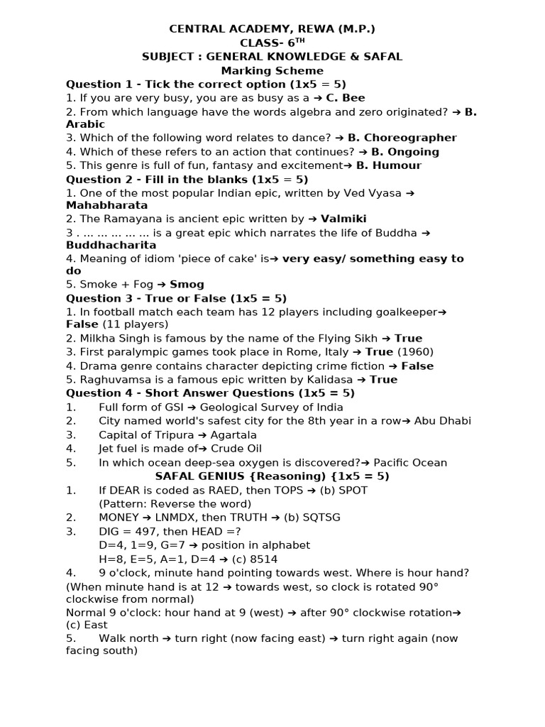 Marking Scheme Class 6th General Knowledge & Safal | PDF
