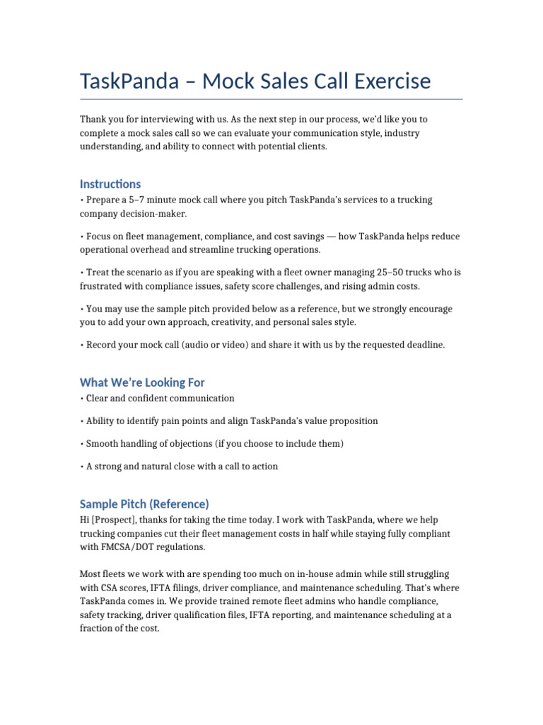Mock Sales Call Guide for TaskPanda | PDF | Regulatory Compliance ...