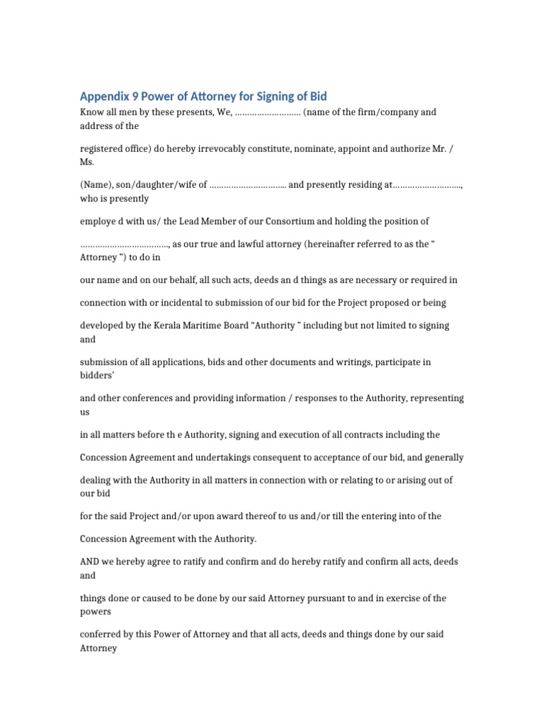 Power of Attorney for Bid Submission | PDF | Power Of Attorney | Common Law