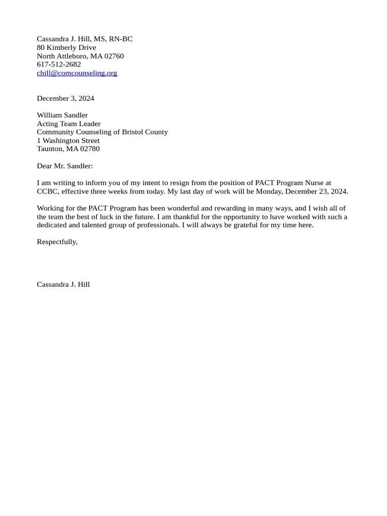Resignation Letter from PACT Nurse | PDF
