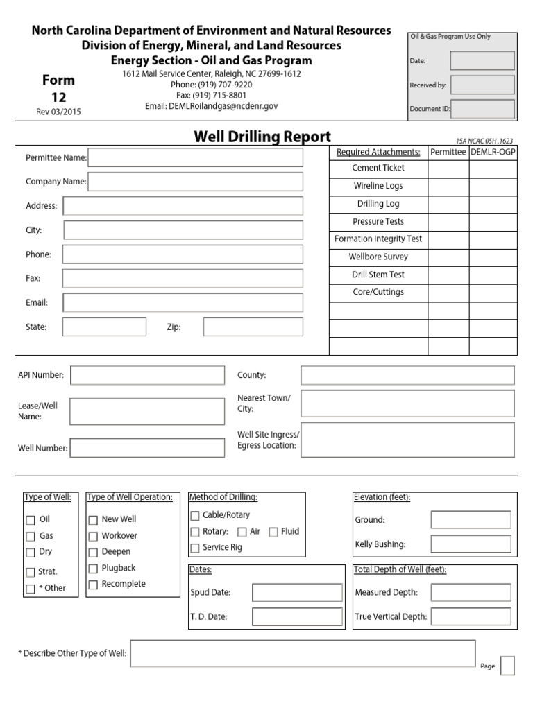 North Carolina Well Drilling Report Form | PDF | Casing (Borehole ...