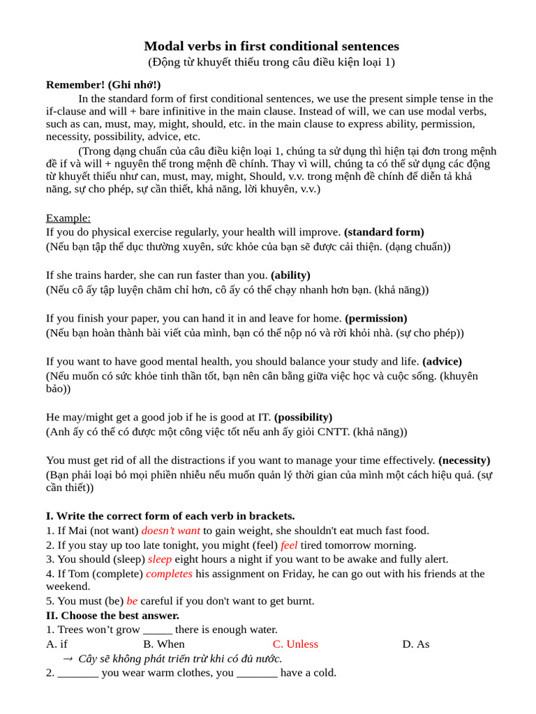 Modal Verbs in First Conditional Sentences + Câu So Sánh - KEY | PDF