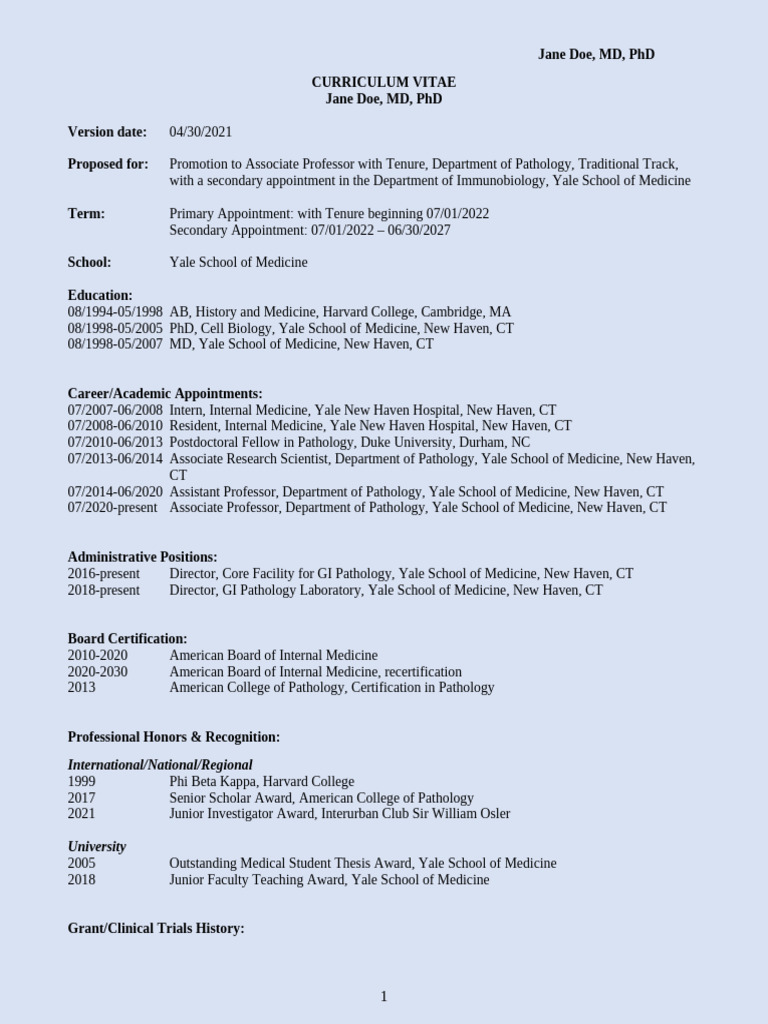 Jane Doe, MD, PhD CV for Tenure Promotion | PDF | Inflammatory Bowel ...
