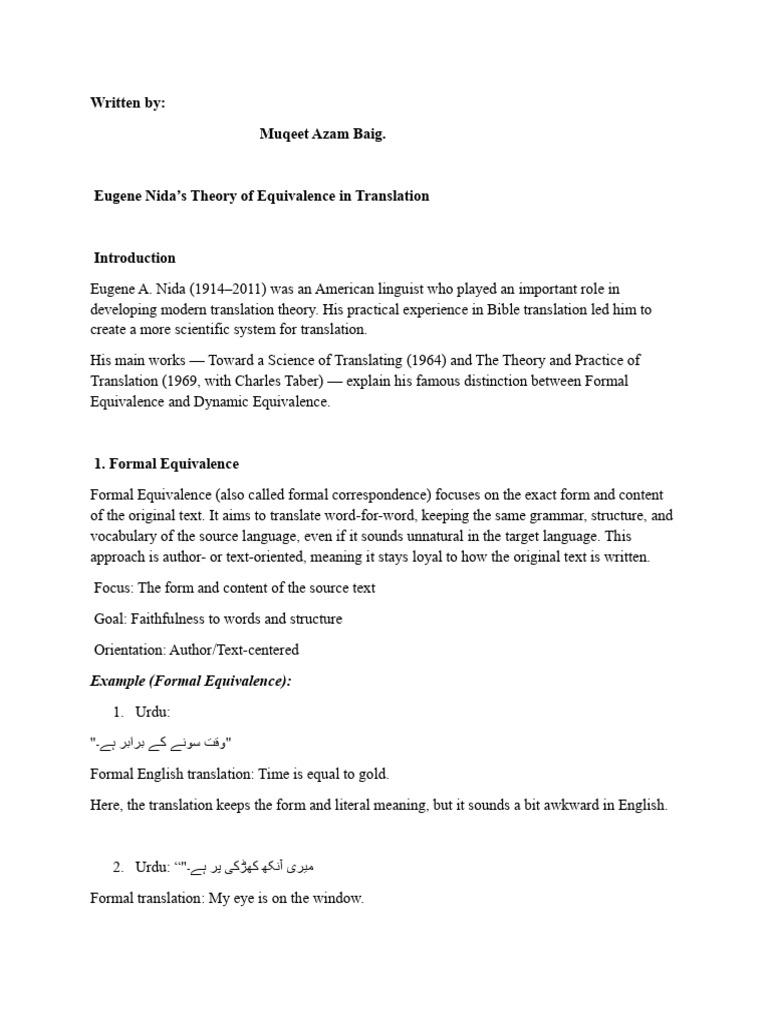 Eugene Nida’s Theory of Equivalence in Translation | PDF | Translations ...