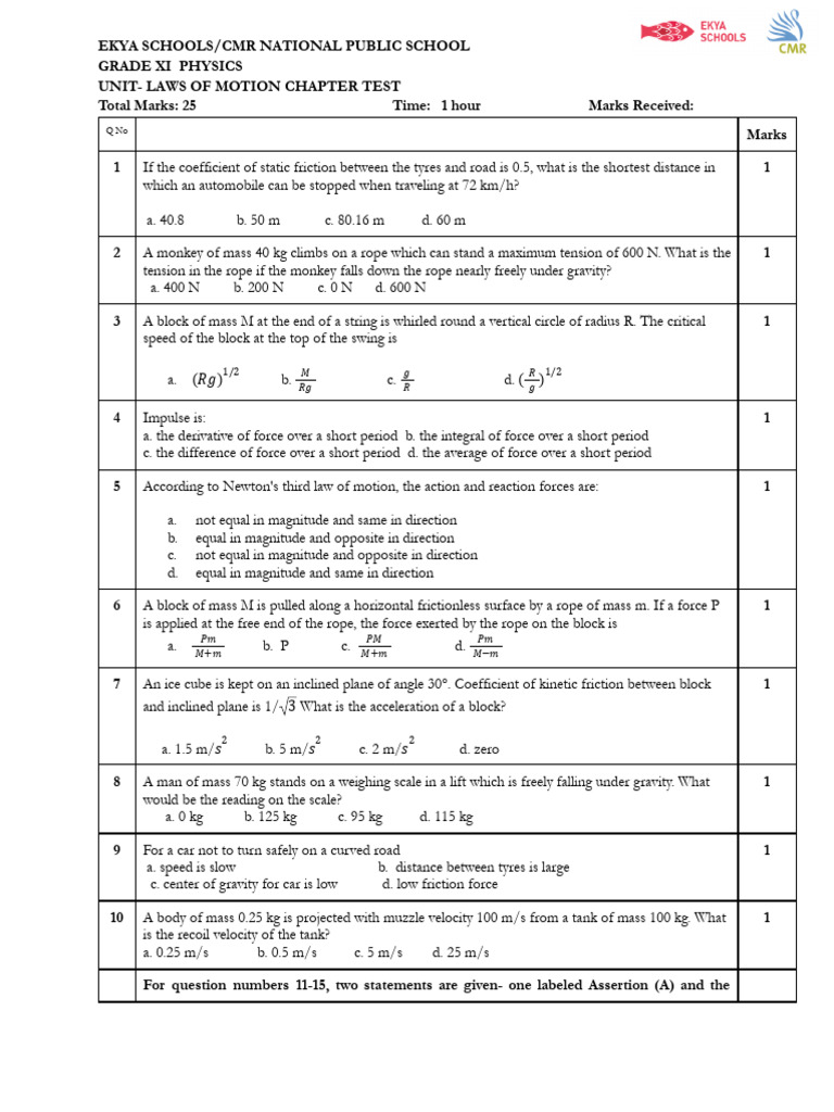 Gr XI Physics Laws of Motion Chapter Test | PDF | Force | Newton's Laws ...