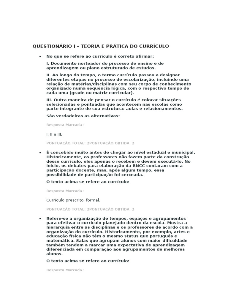 Questionário i e II– Teoria e Prática Do Currículo | PDF | Planejamento ...