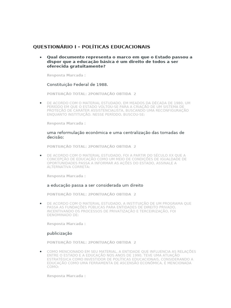 Questionário i e II– Políticas Educacionais | PDF | Estado