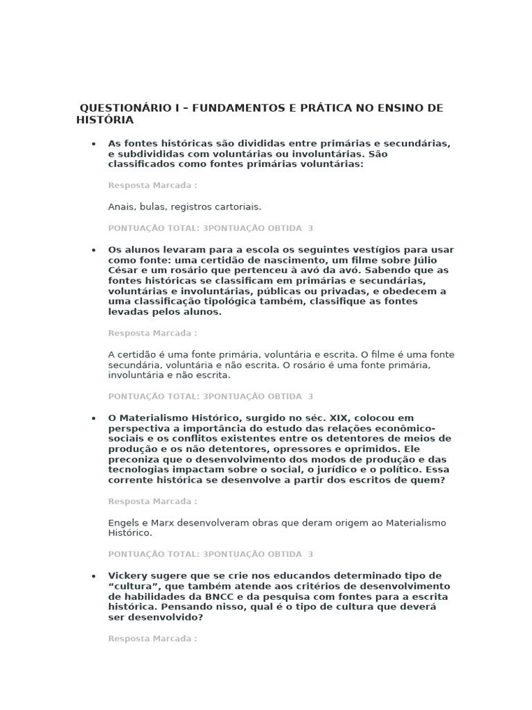 Questionário I e II – Fundamentos e Prática No Ensino de História | PDF ...