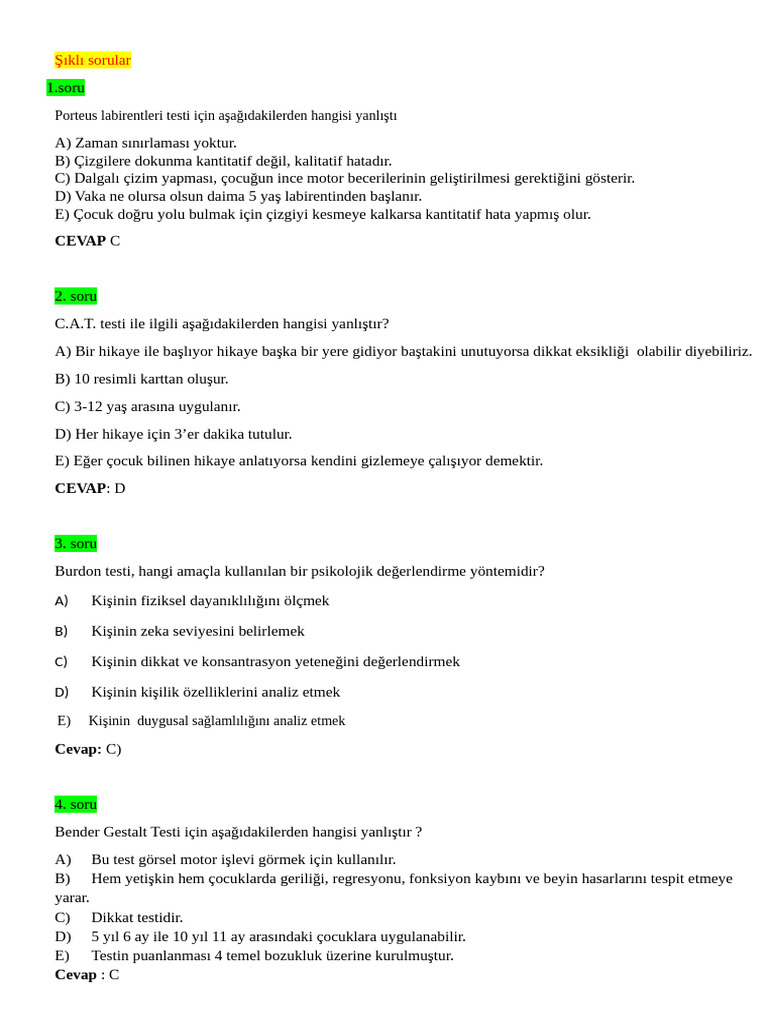 Psıkolojık Testler Örnek Sorular B-A | PDF