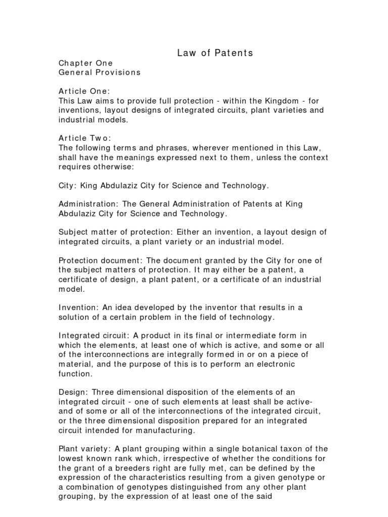 Law of Patents: Chapter One General Provisions Article One | PDF | Patent Application | Glossary ...