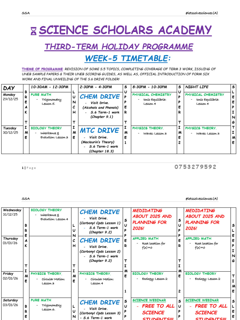s.6 Week 5 Timetable - Science Scholars Academy? | PDF | Science