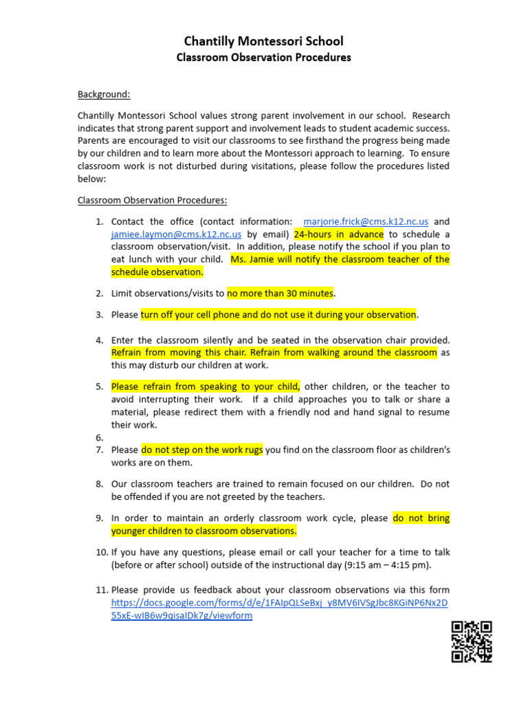 Classroom Observation Guidelines at CMS | PDF