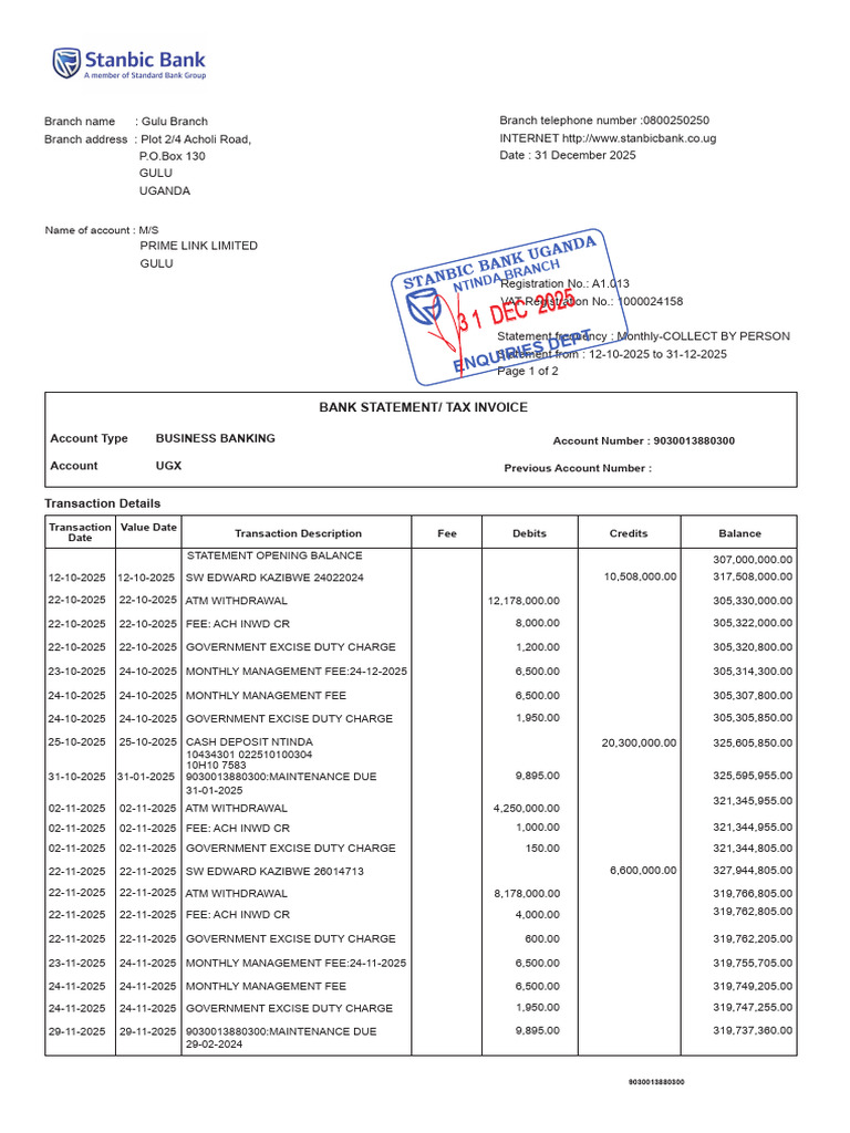 BUSINESS Stanbic Bank Statement | PDF | Overdraft | Credit Card