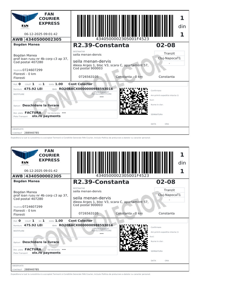 FAN Courier Expediere Detalii și Confirmare | PDF