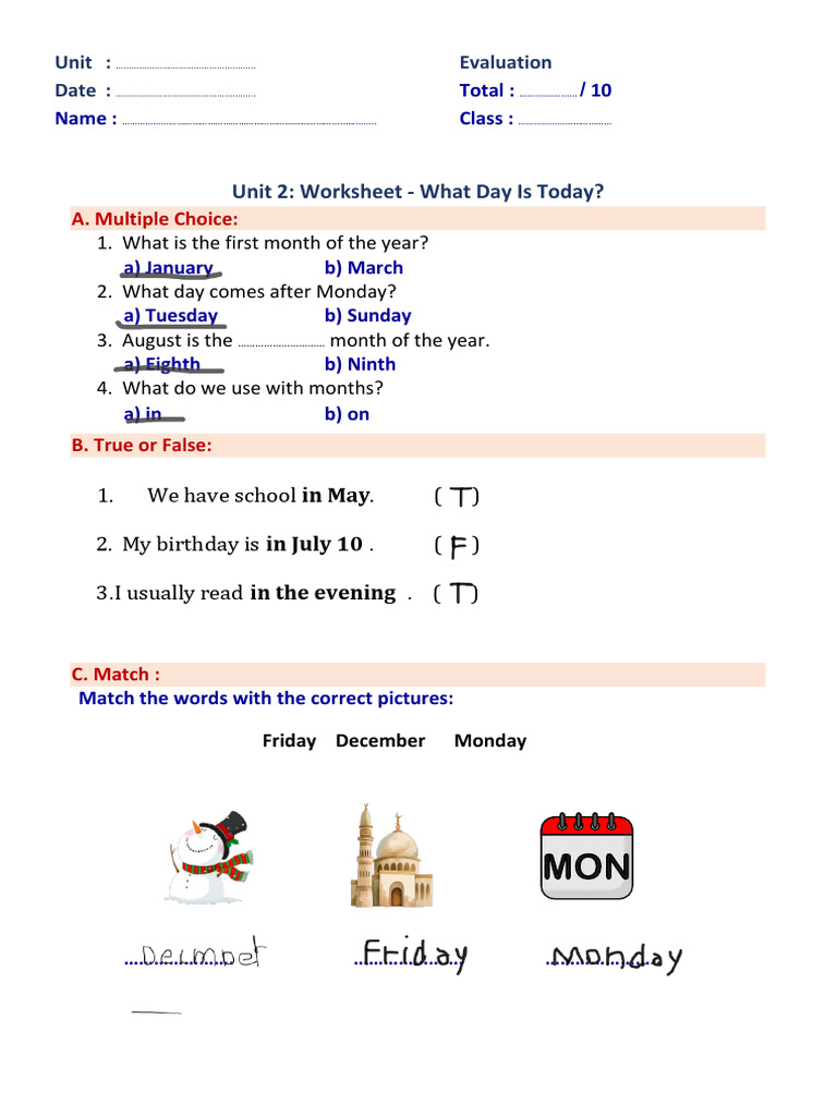 Unit 2 Worksheet: Days & Months Quiz | PDF