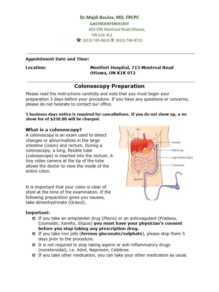 Colonoscopy Preparation Instructions | PDF | Colonoscopy | Medical ...