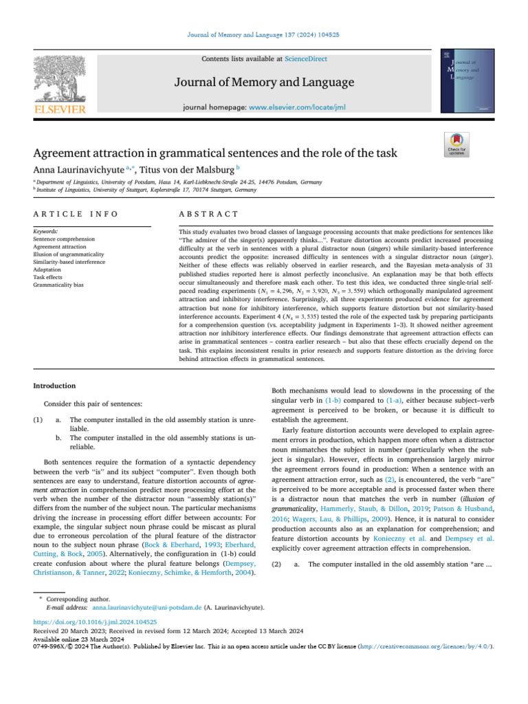 Agreement Attraction in Grammatical Sentences and 2024 Journal of ...