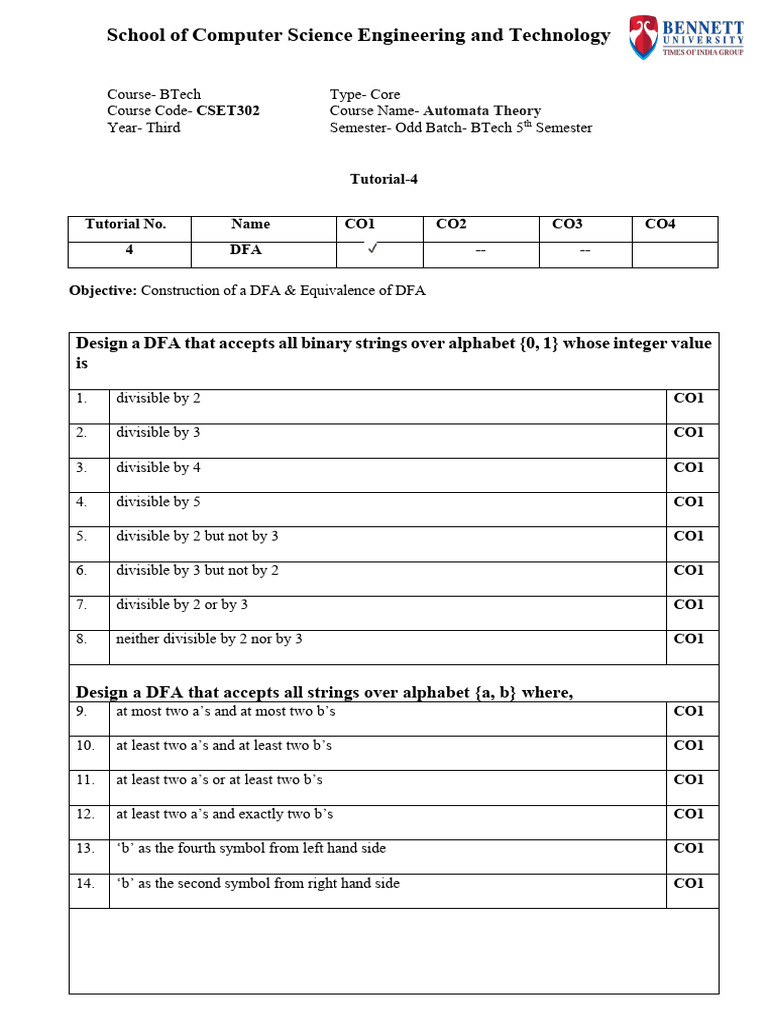 Automata Theory Tutorial Question 4 | PDF