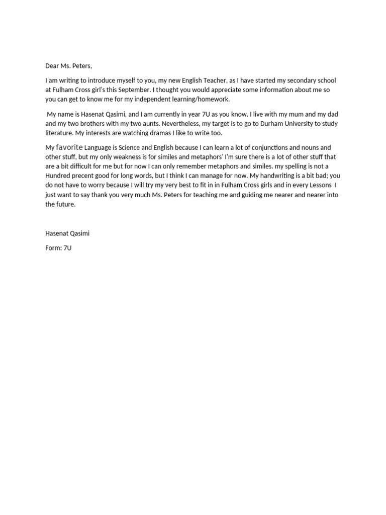 Introduction Letter from Year 7 Student | PDF