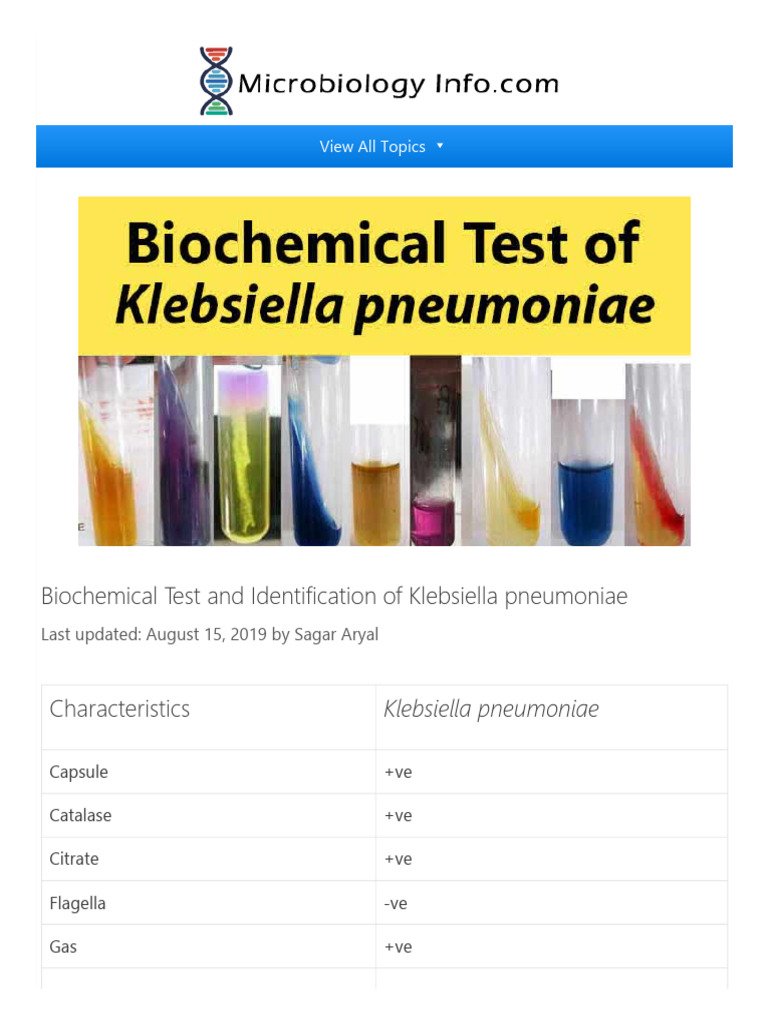 Biochemical Tests for Klebsiella pneumoniae | PDF