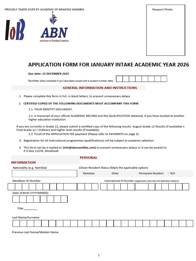 January 2026 Application Form ABN | PDF | Namibia | Identity Document