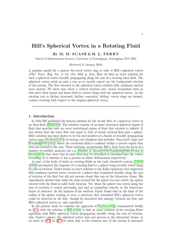 Hill's Spherical Vortex in Rotating Fluids | PDF | Vortices | Sphere