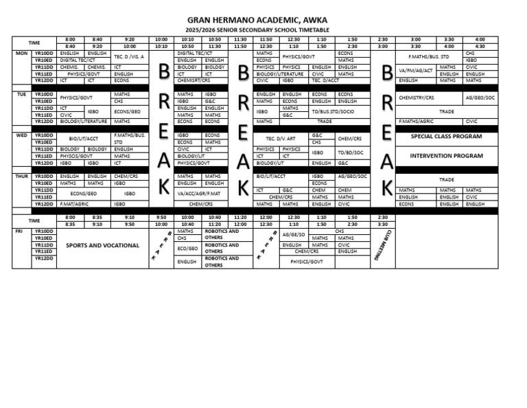 2025/2026 Senior Secondary Timetable | PDF