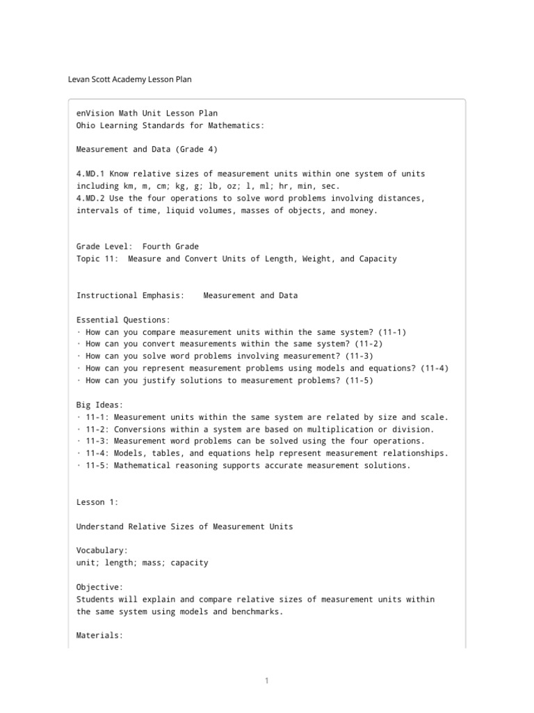 En Vision Math Grade 4 – Topic 11 Unit Plan | PDF | Measurement ...