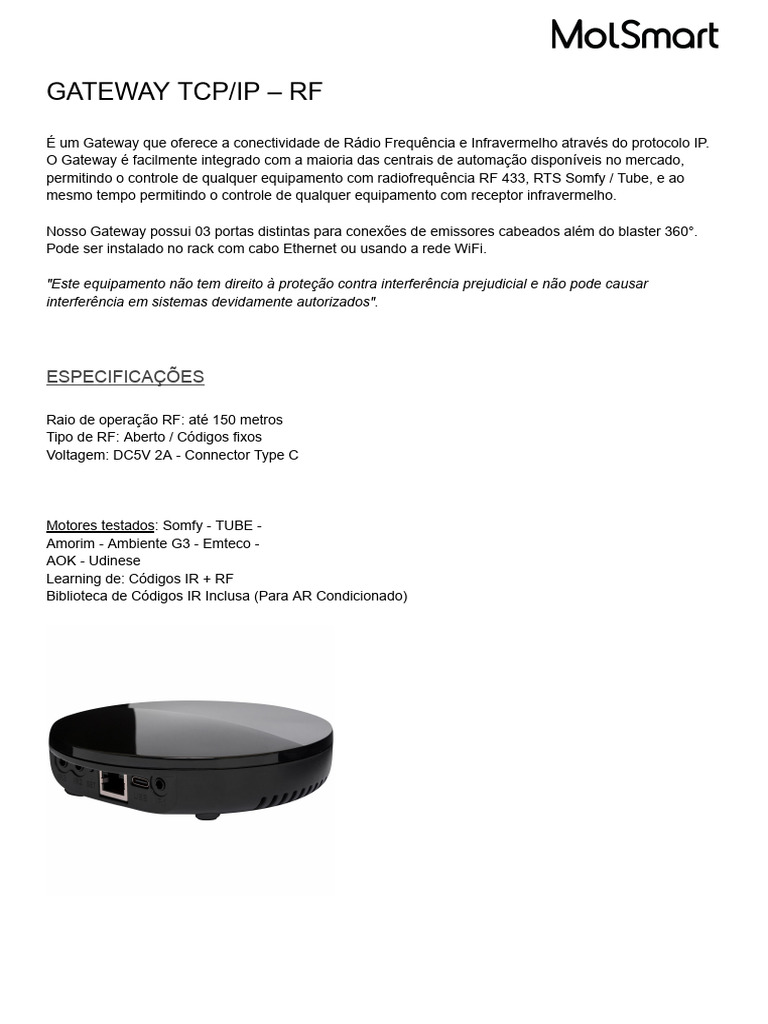 Gateway TCP/IP para Controle RF e IR | PDF | Wi-Fi | Bluetooth