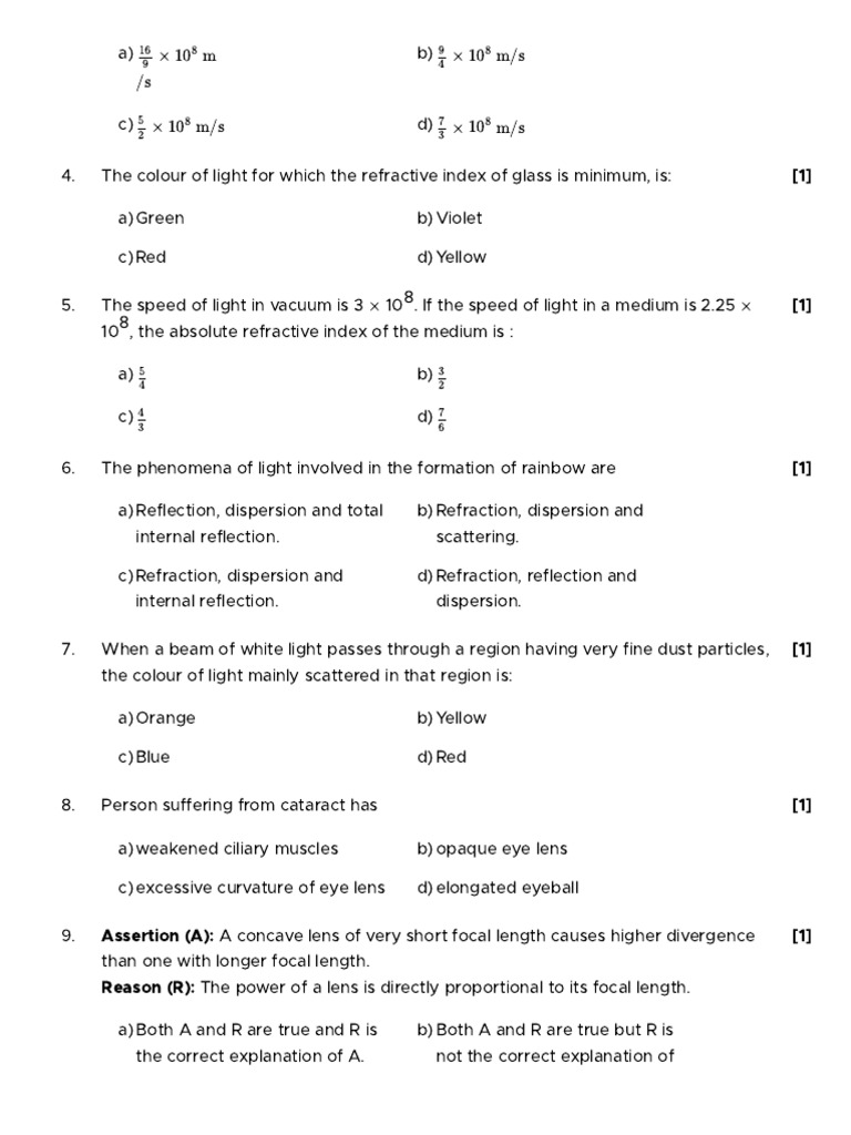 Light Phenomena and Vision Defects Quiz | PDF | Electromagnetic ...