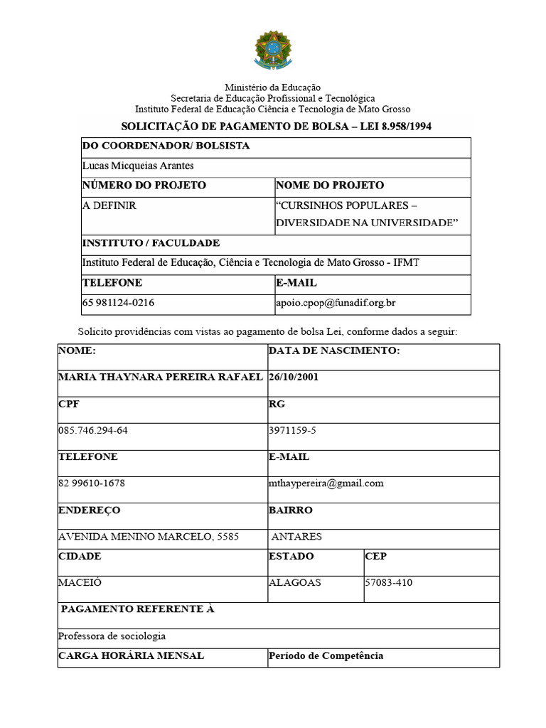 Modelo - Solicitacao de Pagamento de Bolsa %e2%80%93%252 Assinado | PDF ...