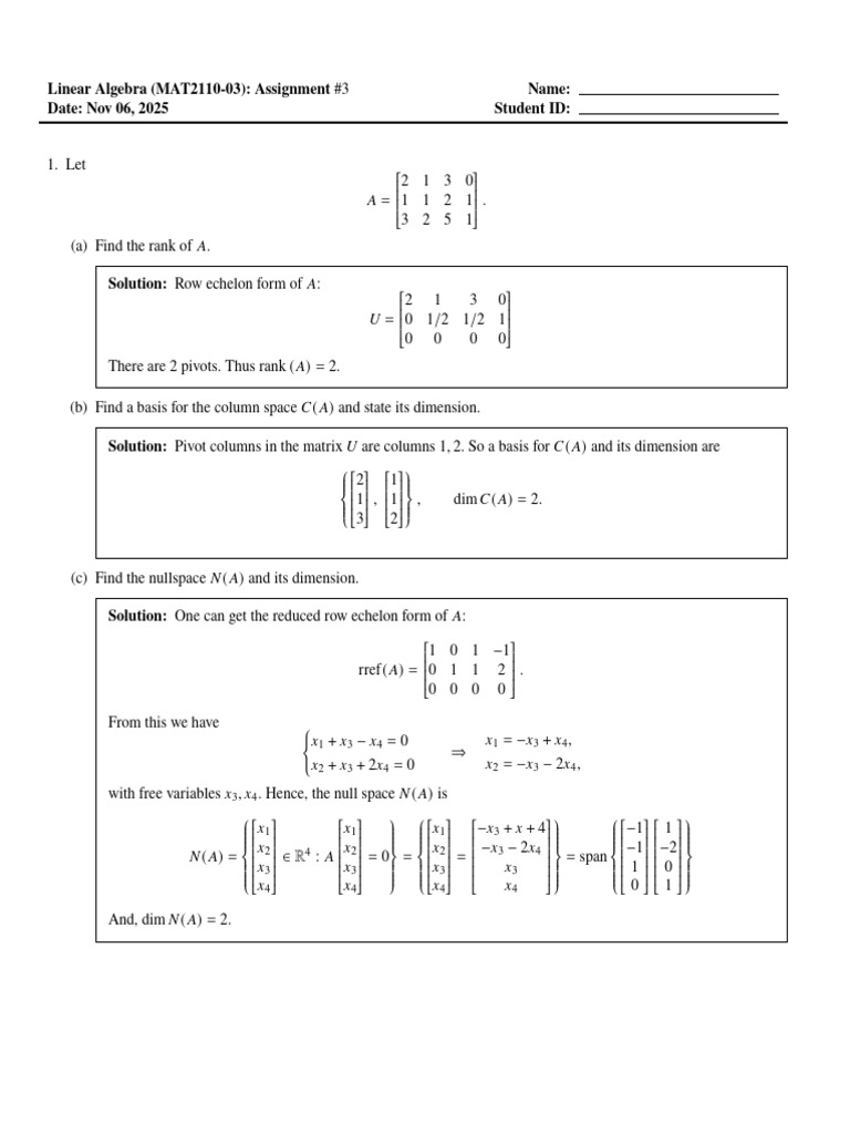 Assignment#3 Solution | PDF | Basis (Linear Algebra) | Linear Algebra