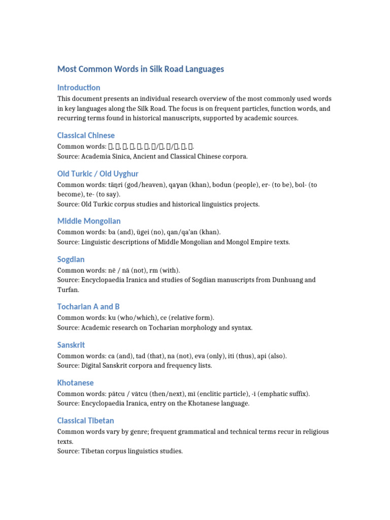 Most Common Words Silk Road Languages | PDF