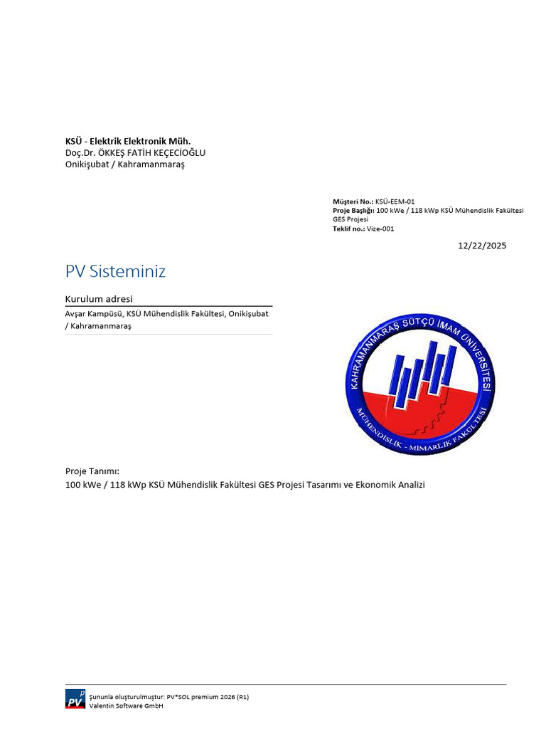 100 KWe - 118 KWp KSÜ Mühendislik Fakültesi GES Projesi-sunum | PDF