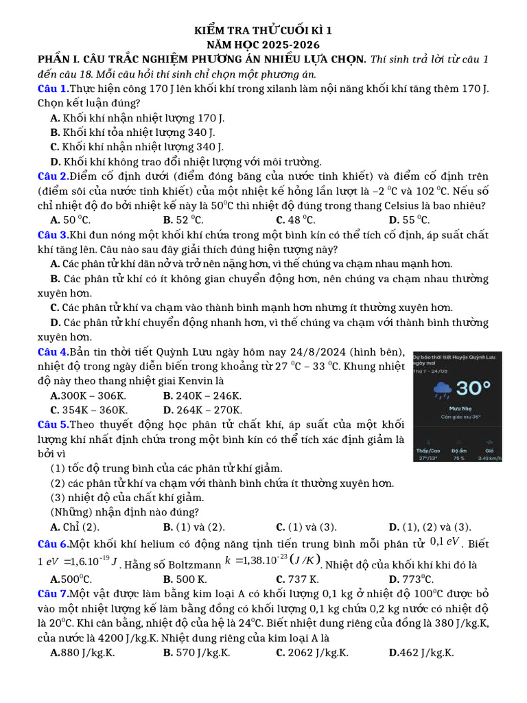 KIỂM TRA THỬ CUỐI KÌ 1 | PDF