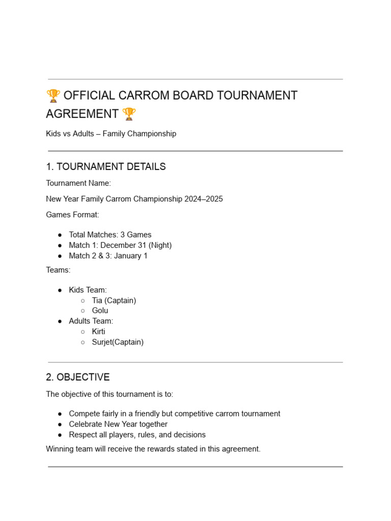 Family Carrom Tournament Agreement 2024 | PDF | Sports