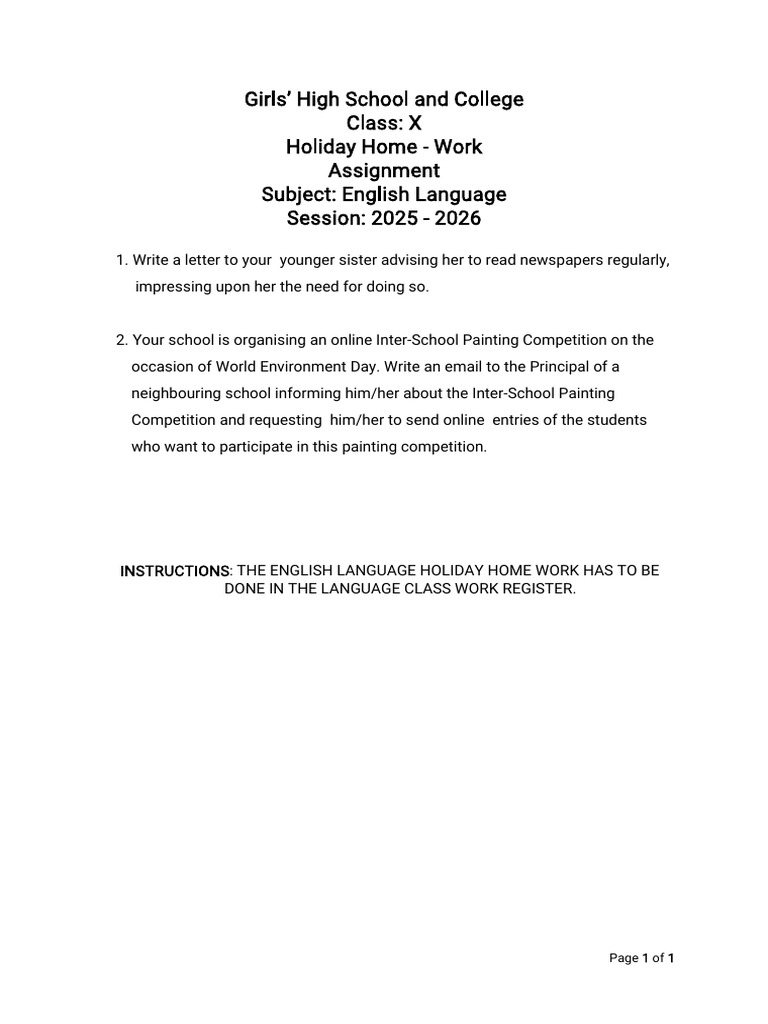 Class X Holiday Homework Assignments | PDF