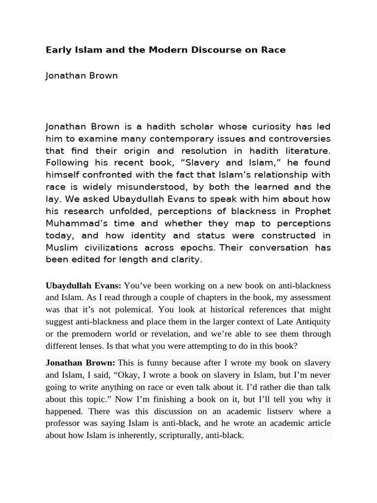 Early Islam and the Modern Discourse on Race_Jonathan Brown | PDF ...