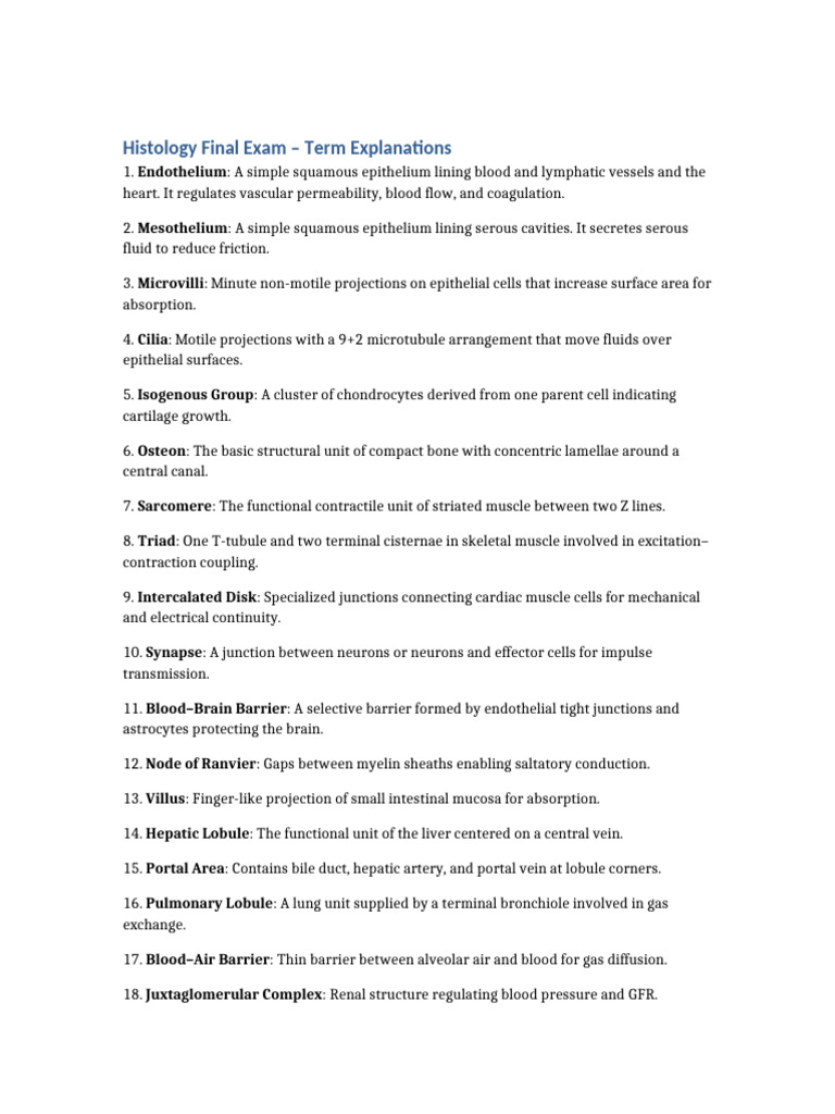 Histology Exam Key Terms Explained | PDF | Epithelium | Anatomy