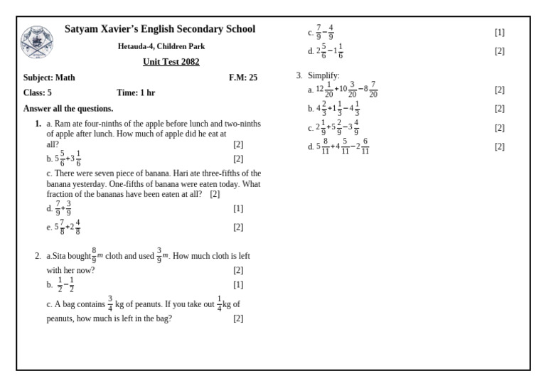 Class Five Fraction Test | PDF