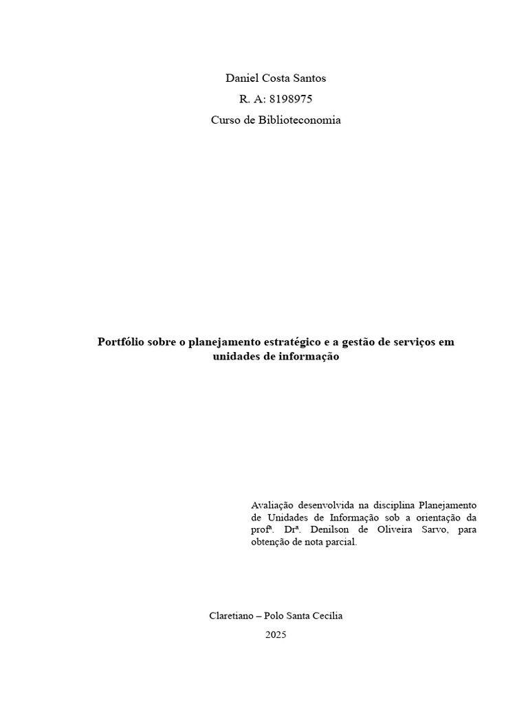Portfólio 04 - Planejamento - Daniel Costa | PDF | Planejamento | Planejamento estratégico