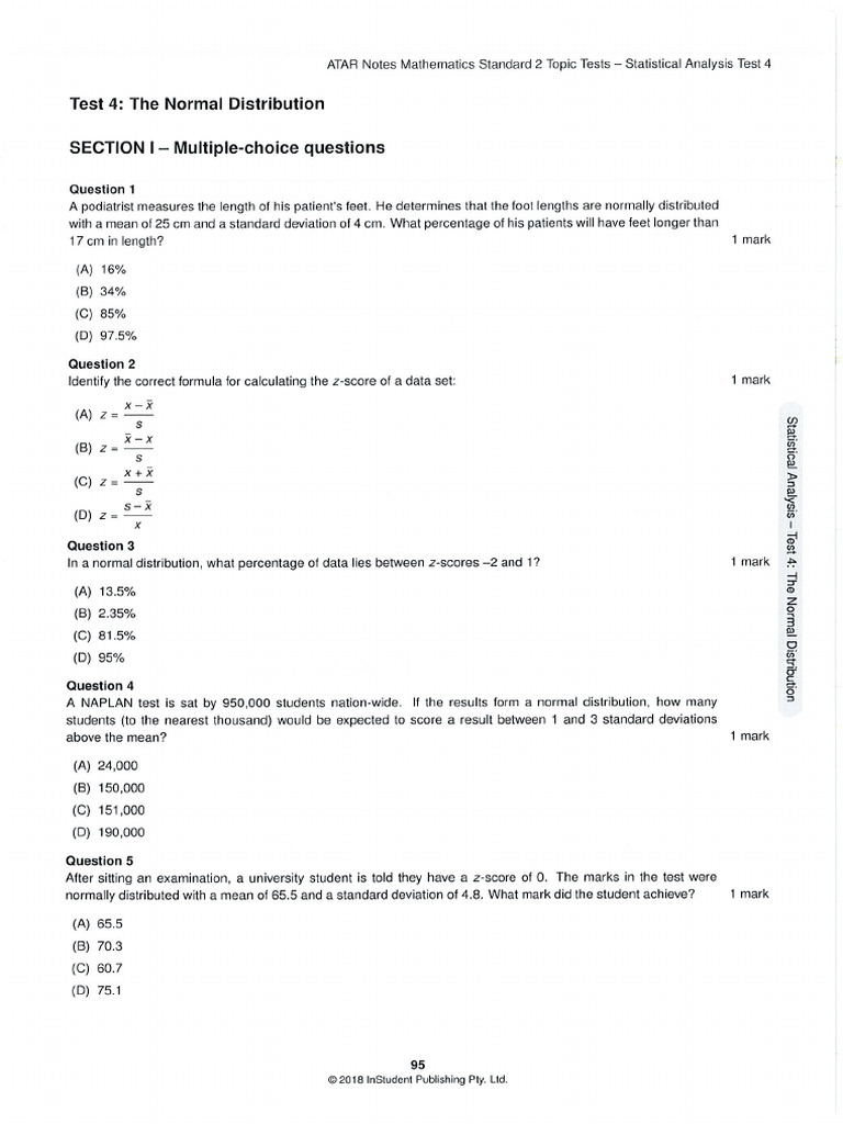 Test 4 Normal Distr 2019 ATAR Notes Maths Standard 2 Topic Test NSW ...