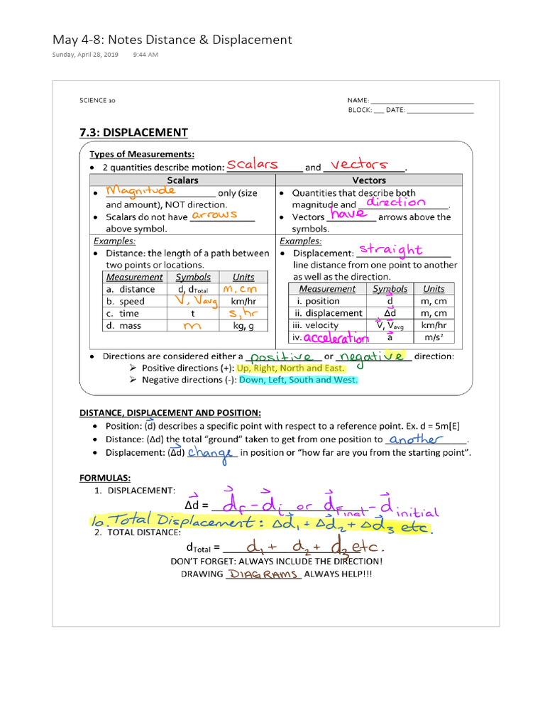 July 27 Notes - 10.2 Distance & Displacement Notes | PDF
