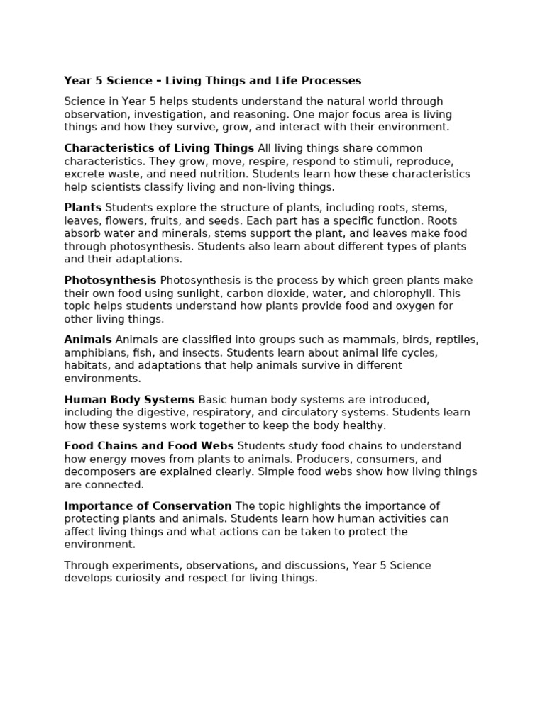 Year 5 Science: Living Things Overview | PDF