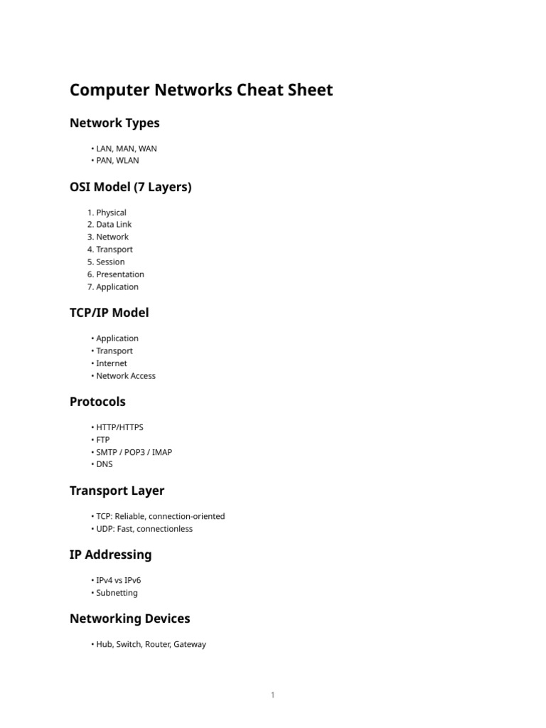 Computer Networks Overview Cheat Sheet | PDF