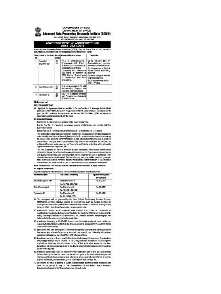 Notification ADRIN Scientist Technician and Other Posts | PDF