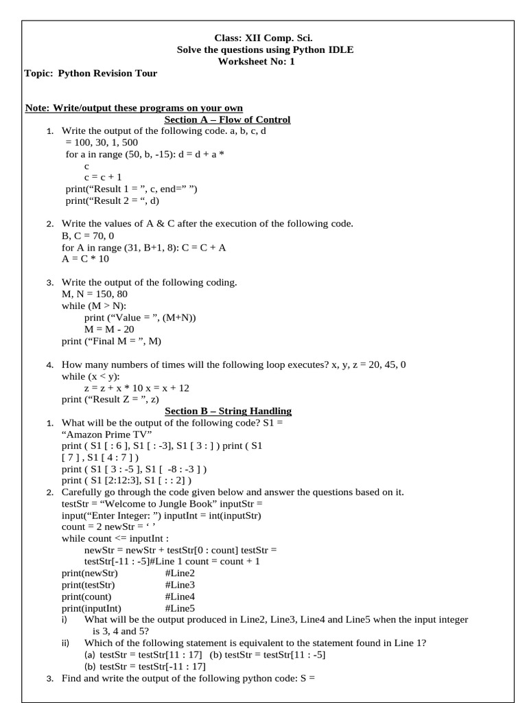 XII_CS_Worksheet 1_RevisionTour (2) Chapter -1 26 | PDF | Computer Programming
