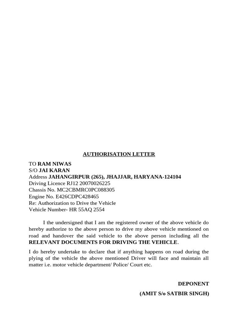 Vehicle Driving Authorization Letter | PDF